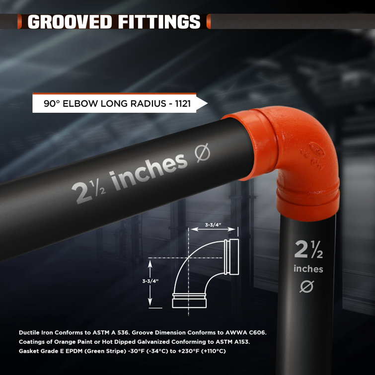 Highcraft 2-1/2" Grooved 90F Elbow Long Radius, Joins Pipes In Wet And Dry Systems, Ductile Iron ...